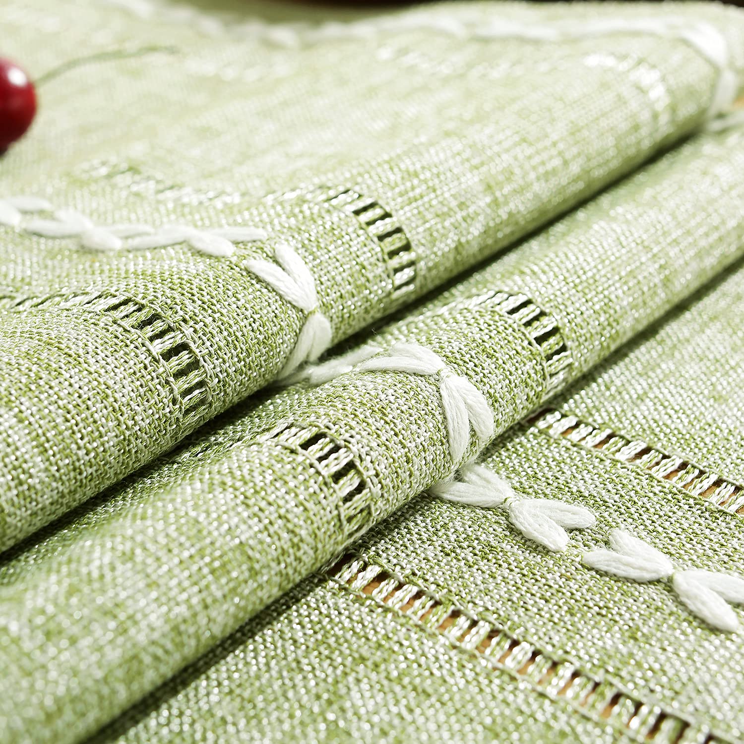 Rustic Farmhouse Style Linen Table Runner, Boho Handmade Tassel Embroidered Small Table Runners 48 Inches Long for Holiday Party, Christmas and Dining Decorations, 13 inchW X 48 inchL - Sage Green