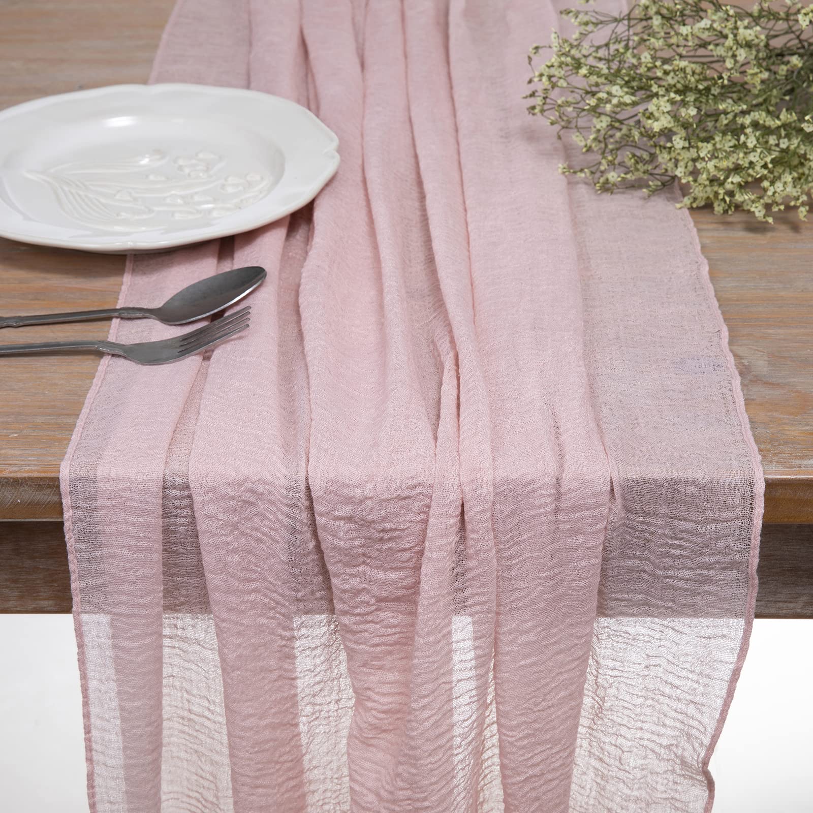 DOLOPL Pink Cheesecloth Table Runner 10FT Boho Gauze Table Runner 120inch Long Sheer Cheese Cloth Table Runner for Rustic Baby Shower Bridal Wedding Birthday Decorations