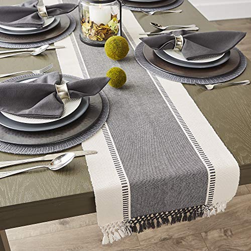 DII Dobby Stripe Woven Table Runner, 13x108 (13x113.5, Fringe Included), Mineral Gray