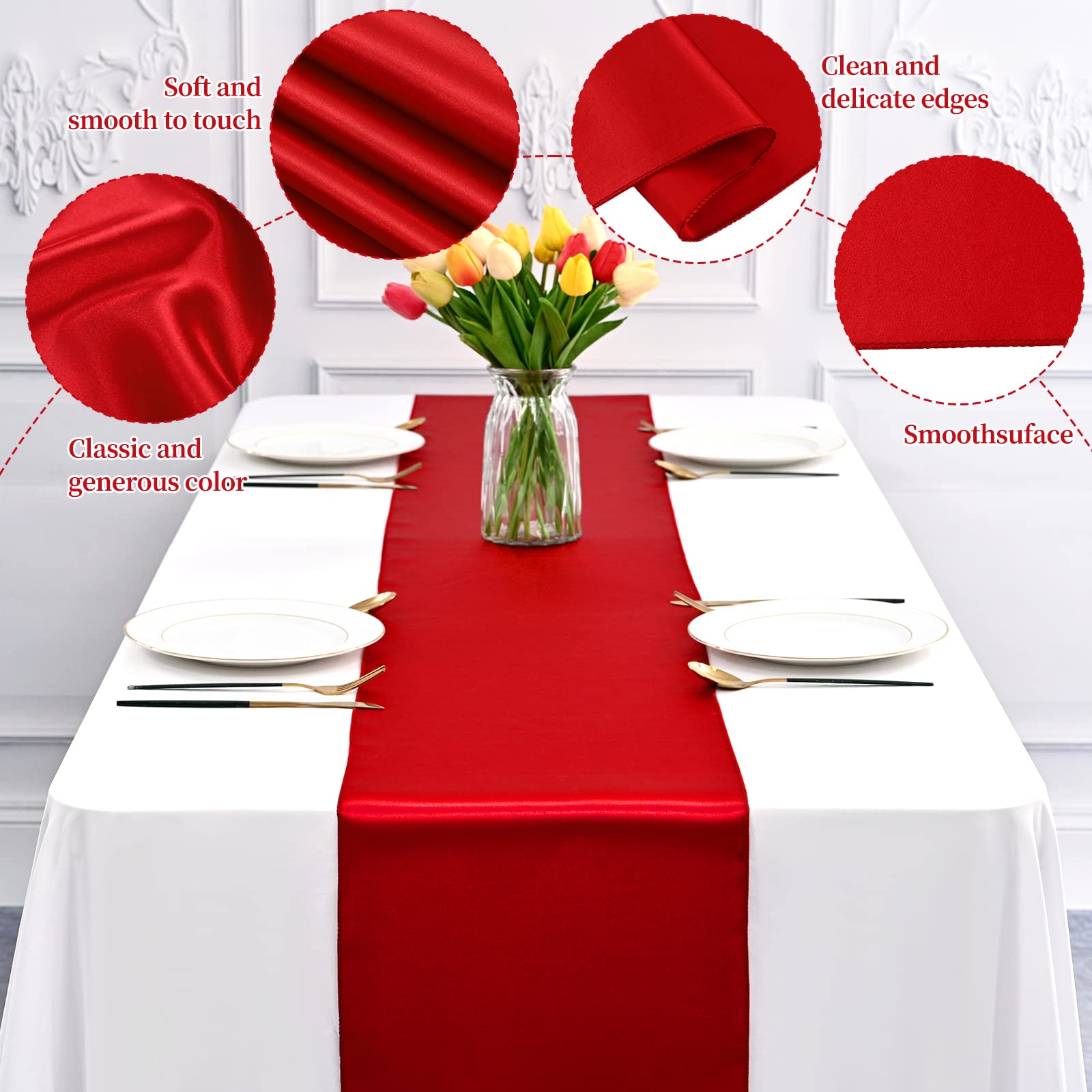 12 Pack Red Satin Table Runner 12 x 72 Inch Long Premium Table Runners for Wedding Party Events Decoration, Birthday Parties, Banquets Decorations, Graduations, Engagements