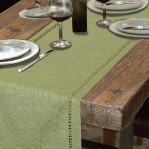 Grelucgo Handcrafted Solid Color Dining Table Runner, Dresser Scarf, Double-Hemstitched (Sage Green, 14 x 54)