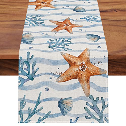 Seliem Summer Sea Starfish Conch Coral Table Runner, Coastal Ocean Wave Stripes Kitchen Dining Table Decor, Nautical Spring Seasonal Beach Home Decoration Indoor Outdoor Party Supply 13 x 72 Inches