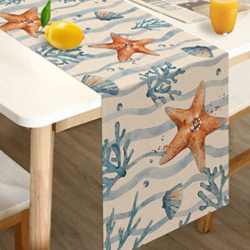 Seliem Summer Sea Starfish Conch Coral Table Runner, Coastal Ocean Wave Stripes Kitchen Dining Table Decor, Nautical Spring Seasonal Beach Home Decoration Indoor Outdoor Party Supply 13 x 72 Inches