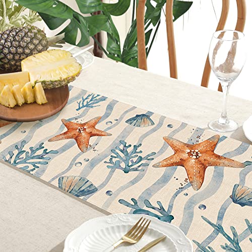 Seliem Summer Sea Starfish Conch Coral Table Runner, Coastal Ocean Wave Stripes Kitchen Dining Table Decor, Nautical Spring Seasonal Beach Home Decoration Indoor Outdoor Party Supply 13 x 72 Inches