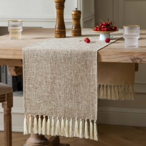 zeemart beige table runners 90 inches long, burlap linen style rustic farmhouse table runner, long boho dining table runner, 13x90 inches, oatmeal beige