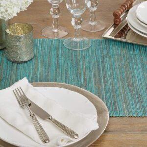 SARO LIFESTYLE 217.TQ1454B Melaya Collection Shimmering Woven Nubby Water Hyacinth Table Runner, 14" x 54", Turquoise