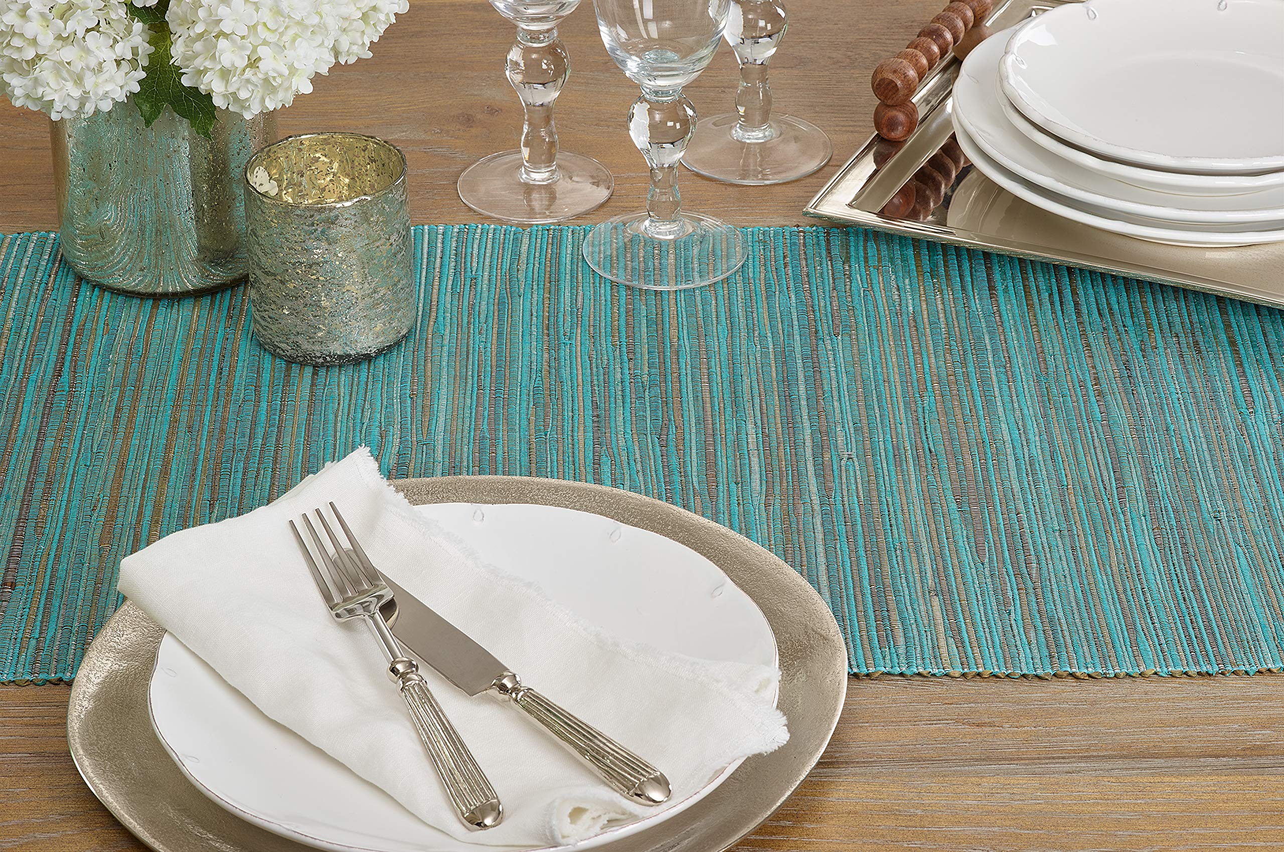 SARO LIFESTYLE 217.TQ1454B Melaya Collection Shimmering Woven Nubby Water Hyacinth Table Runner, 14" x 54", Turquoise