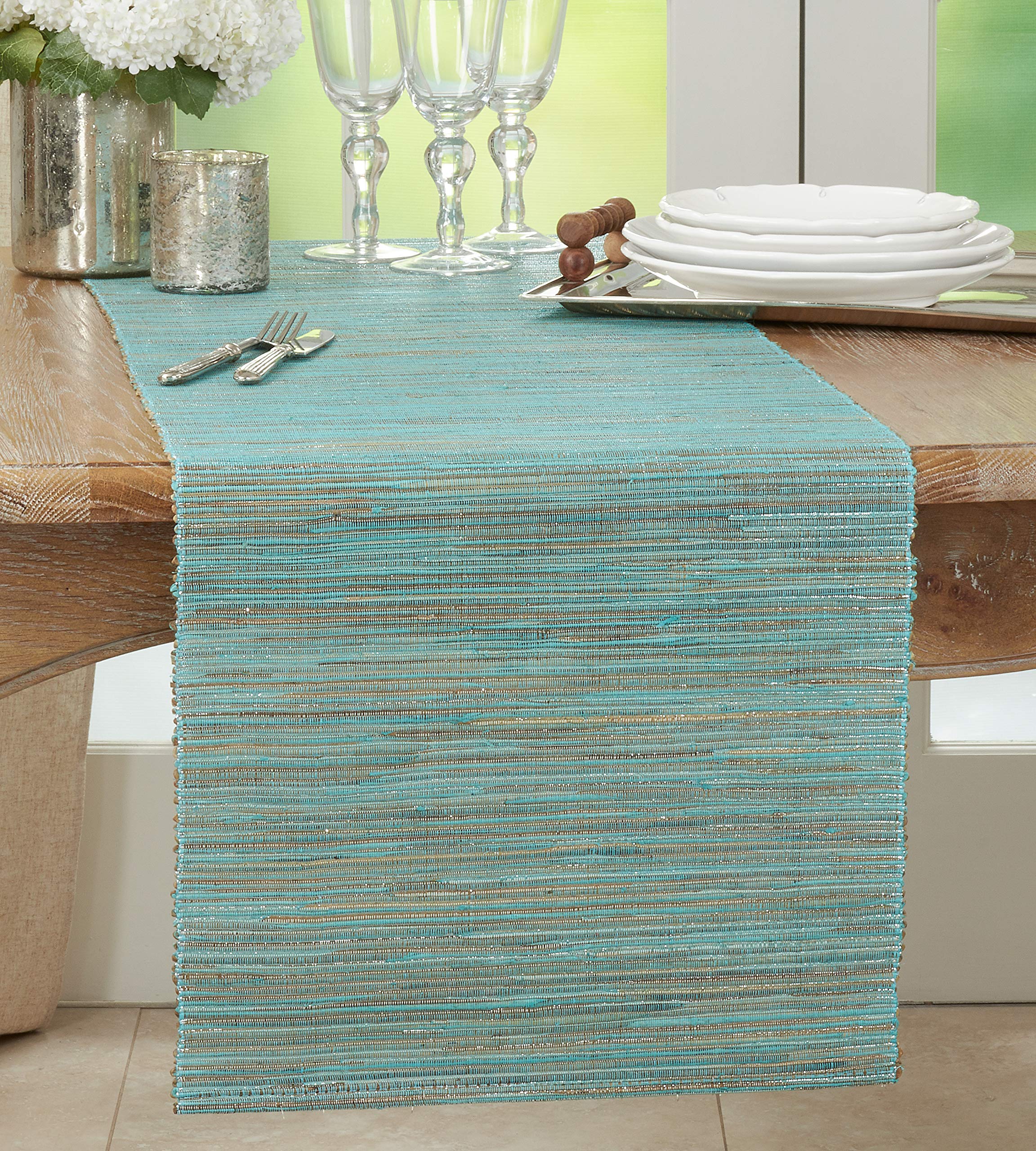 SARO LIFESTYLE 217.TQ1454B Melaya Collection Shimmering Woven Nubby Water Hyacinth Table Runner, 14" x 54", Turquoise