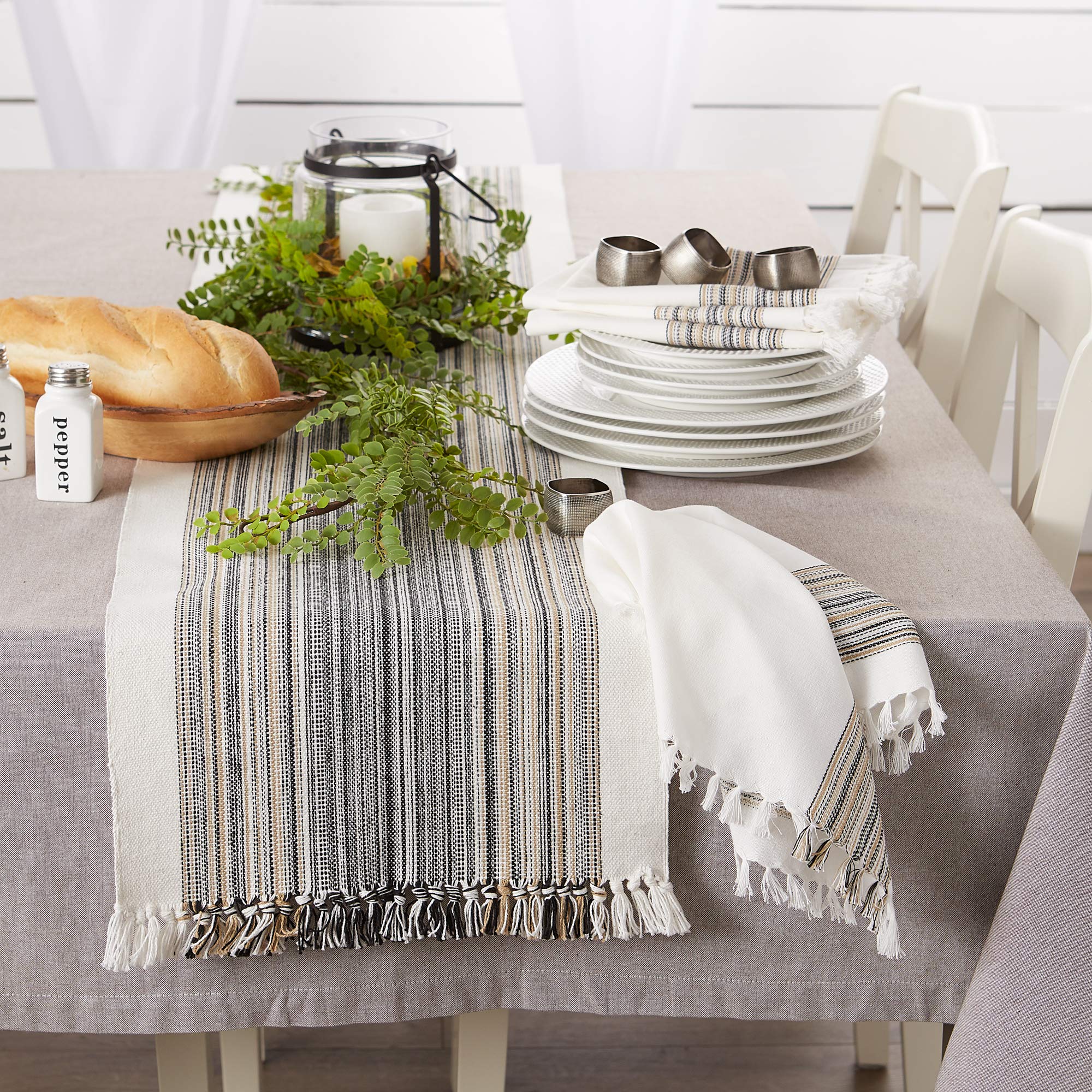 DII Everyday Collection Fringed Stripe Tabletop, Table Runner, 14x72, Black