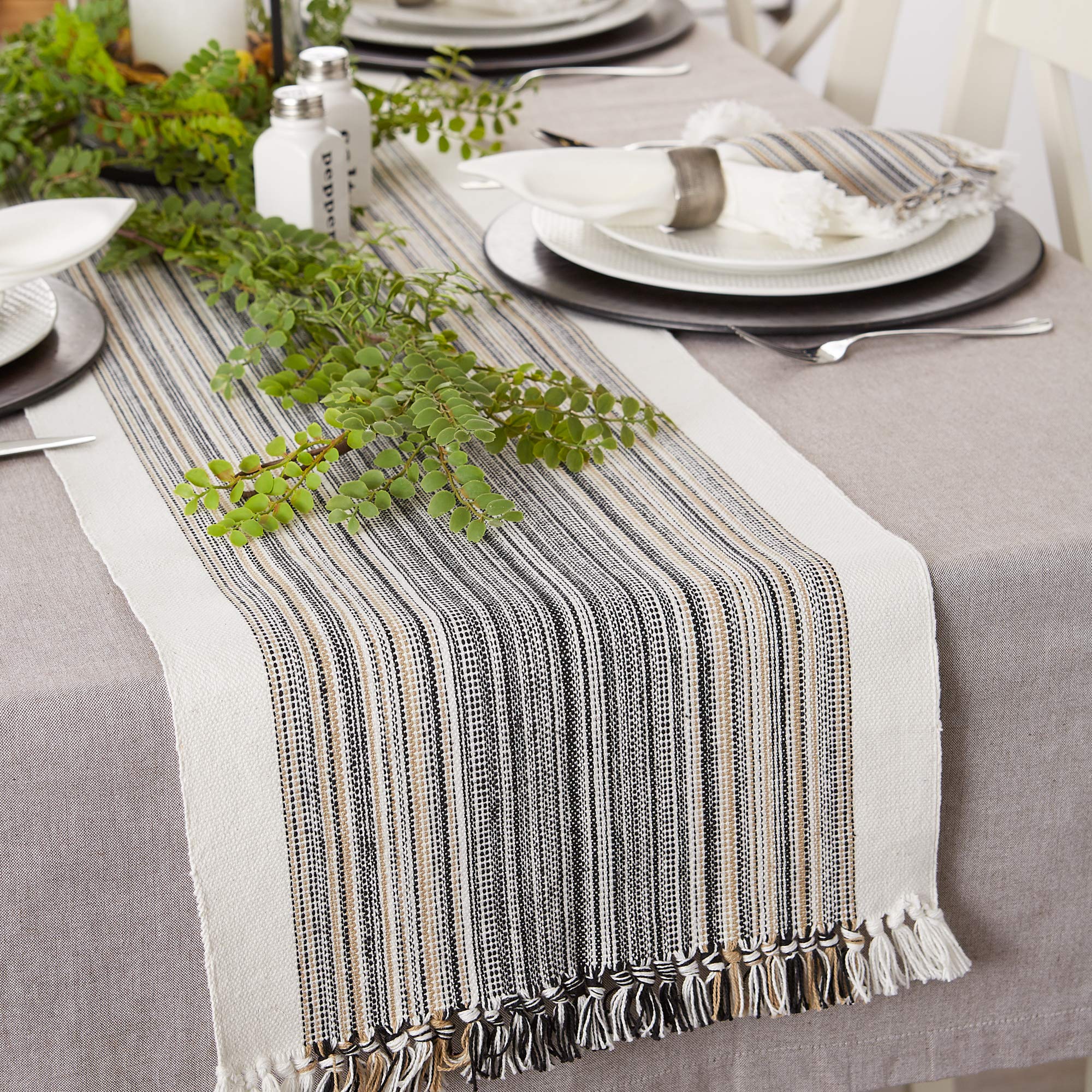 DII Everyday Collection Fringed Stripe Tabletop, Table Runner, 14x72, Black