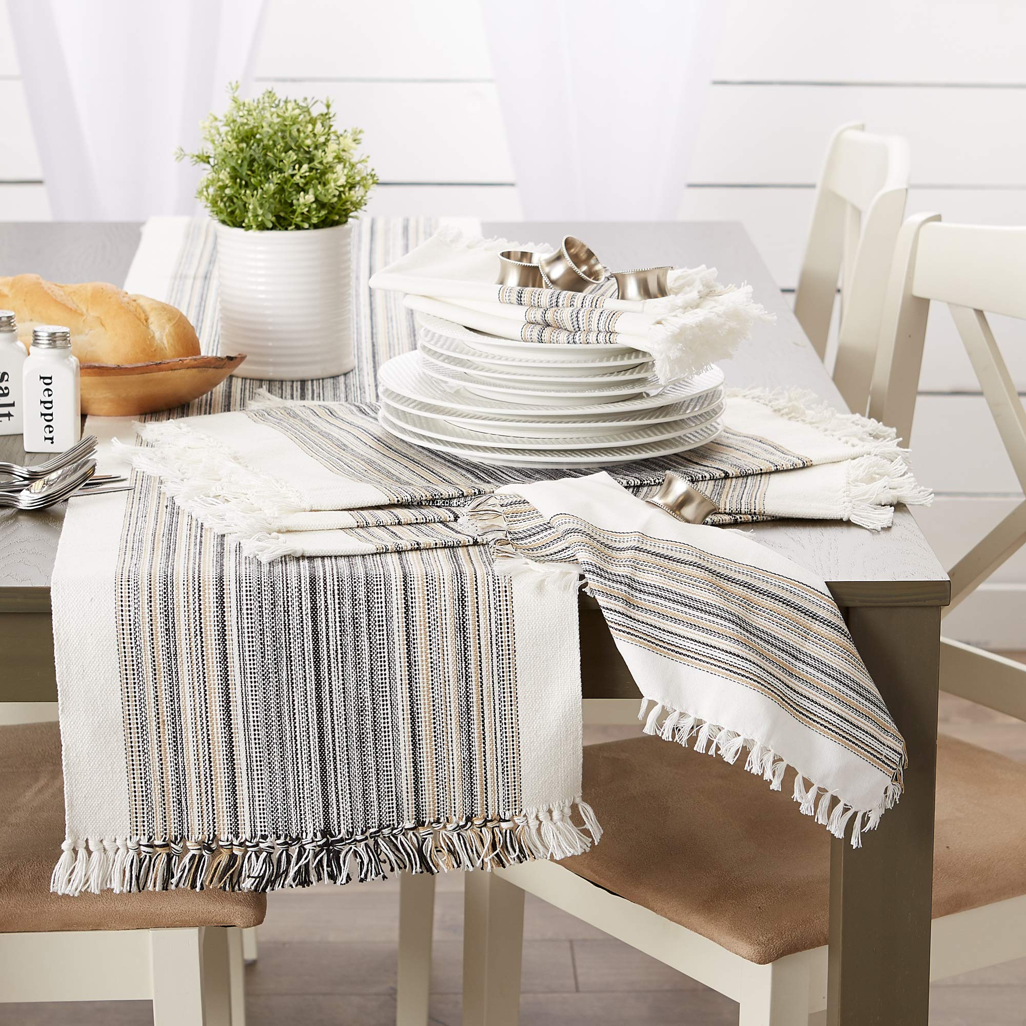 DII Everyday Collection Fringed Stripe Tabletop, Table Runner, 14x72, Black