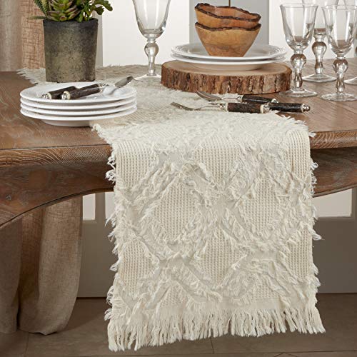 SARO LIFESTYLE Ivoryline Collection Fringe Waffle Weave Table Runner, 16" x 72", Ivory