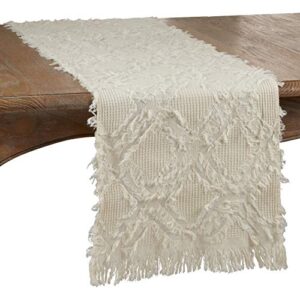 saro lifestyle ivoryline collection fringe waffle weave table runner, 16" x 72", ivory