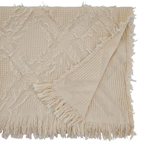 SARO LIFESTYLE Ivoryline Collection Fringe Waffle Weave Table Runner, 16" x 72", Ivory