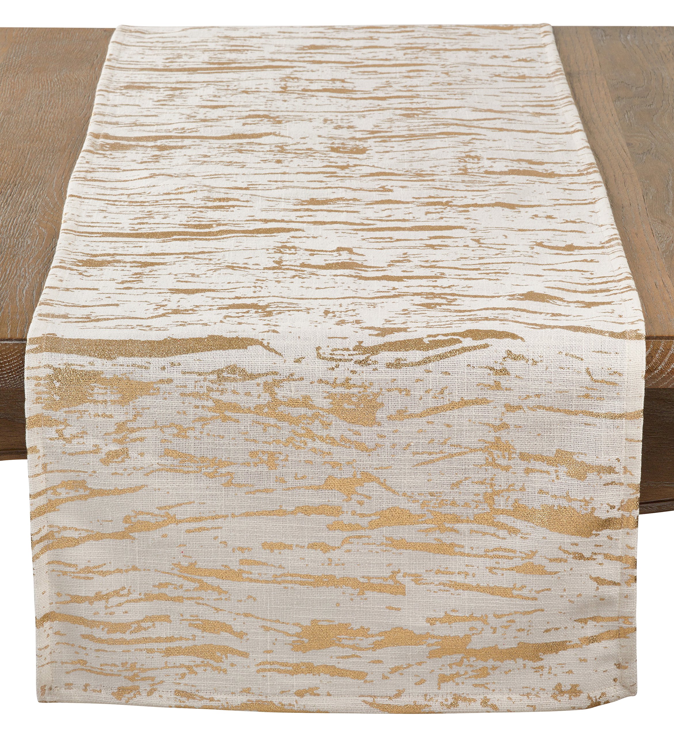 SARO LIFESTYLE - 1612.GL1672B Distressed Foil Metallic Design Cotton Table Runner, 16" x 72", Gold