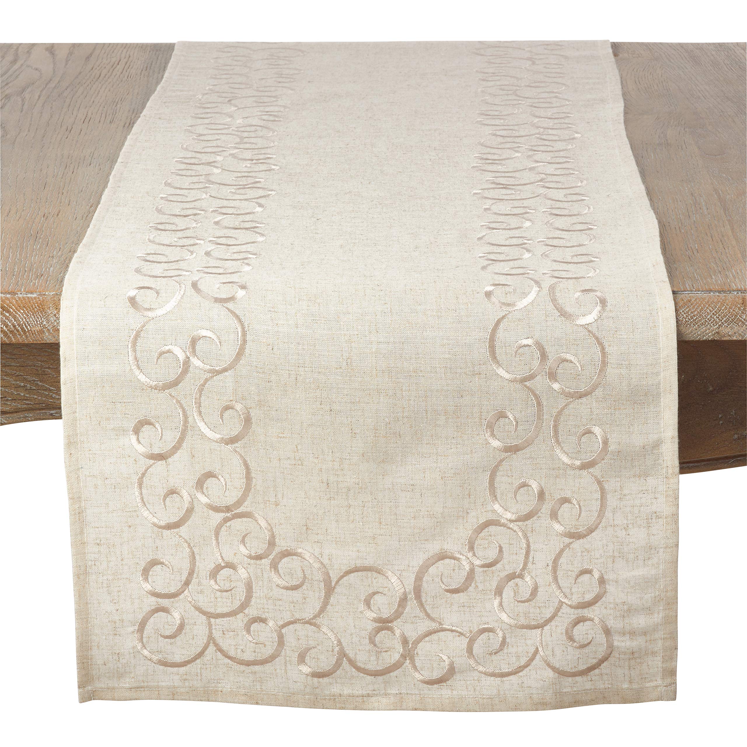 SARO LIFESTYLE Swirling Collection Embroidered Design Linen Blend Table Runner, 16" x 72", Natural