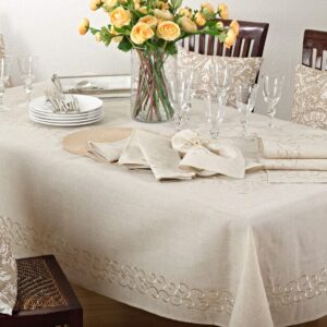 SARO LIFESTYLE Swirling Collection Embroidered Design Linen Blend Table Runner, 16" x 72", Natural