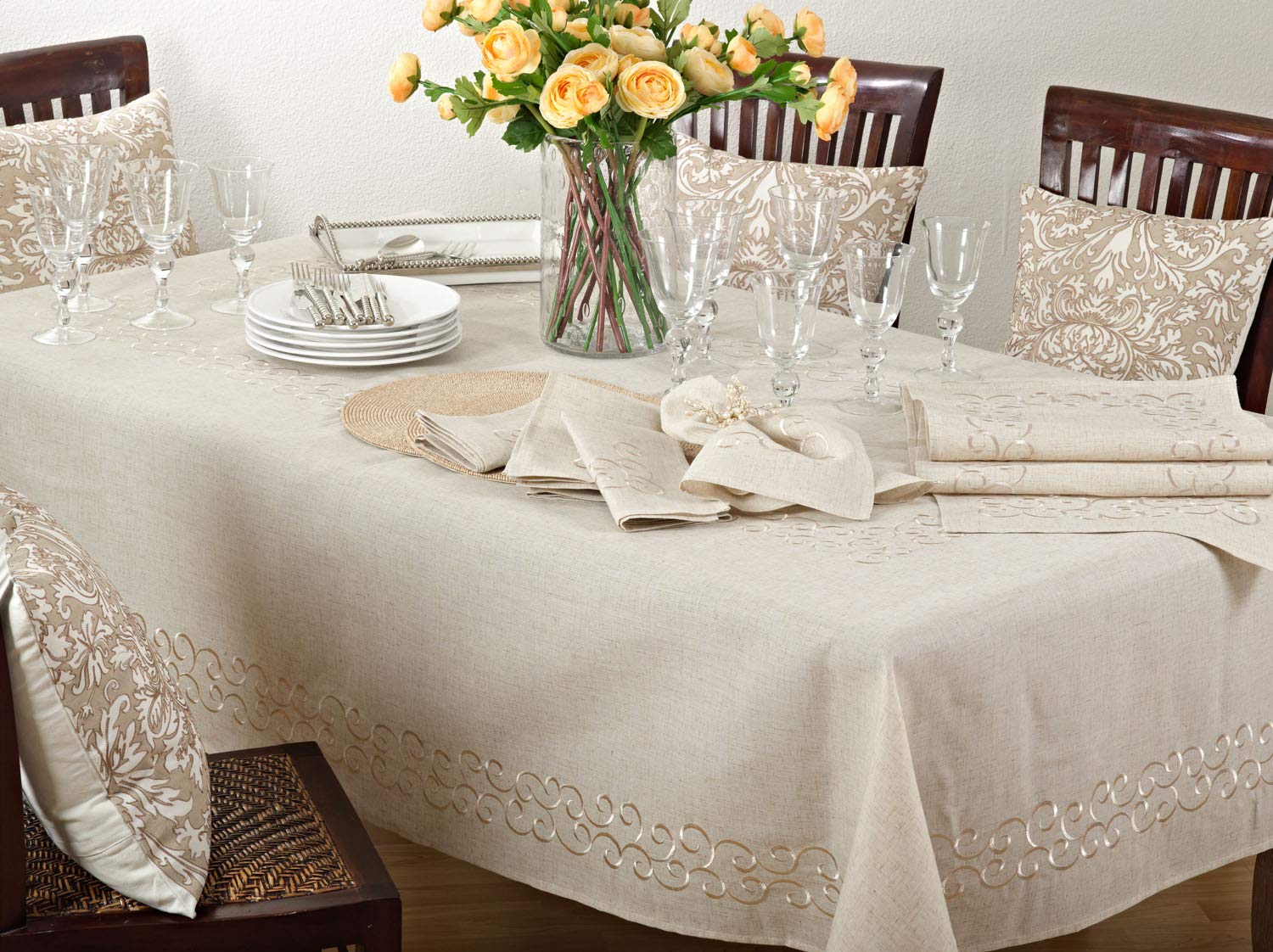 SARO LIFESTYLE Swirling Collection Embroidered Design Linen Blend Table Runner, 16" x 72", Natural