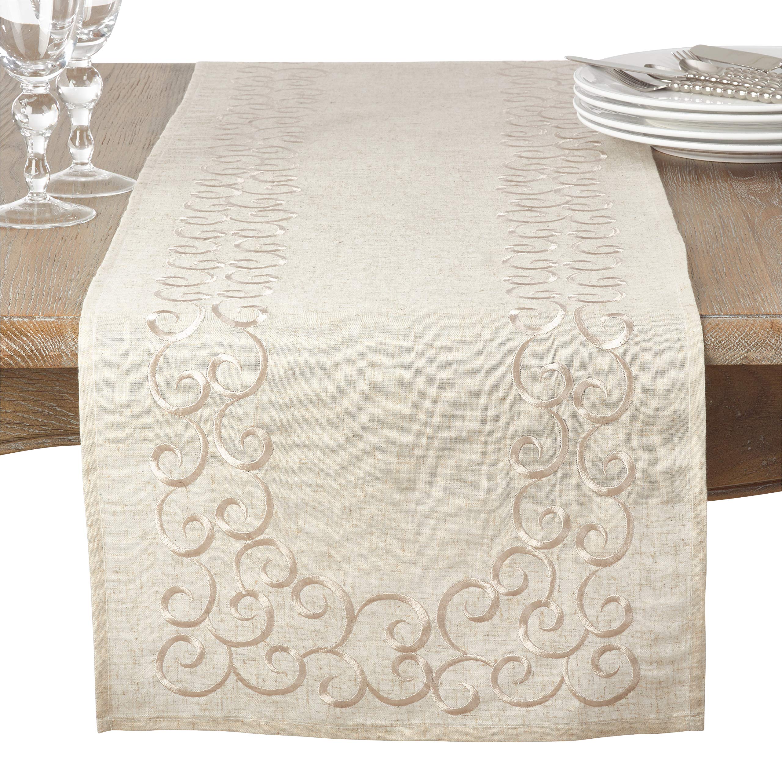 SARO LIFESTYLE Swirling Collection Embroidered Design Linen Blend Table Runner, 16" x 72", Natural