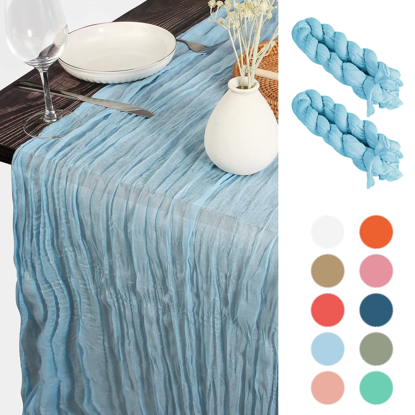 2 Pack Table Runners - SGAOFIEE 10ft Baby Blue Cheesecloth Table Runner,35x120 inches Boho Table Runner,Rustic Sheer Table Decor for Romantic Bridal Shower, Baby Shower(Baby Blue)