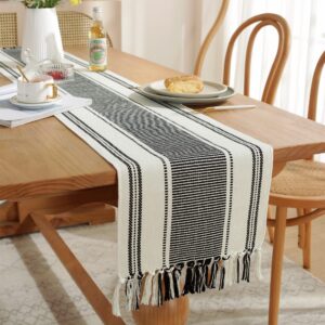 Caflife Boho Table Runner Balck and White for Modern Farmhouse Decor, Natural Cotton Woven Runner with Tassels for Home Dining Table décor 13 x 72 Inch Long