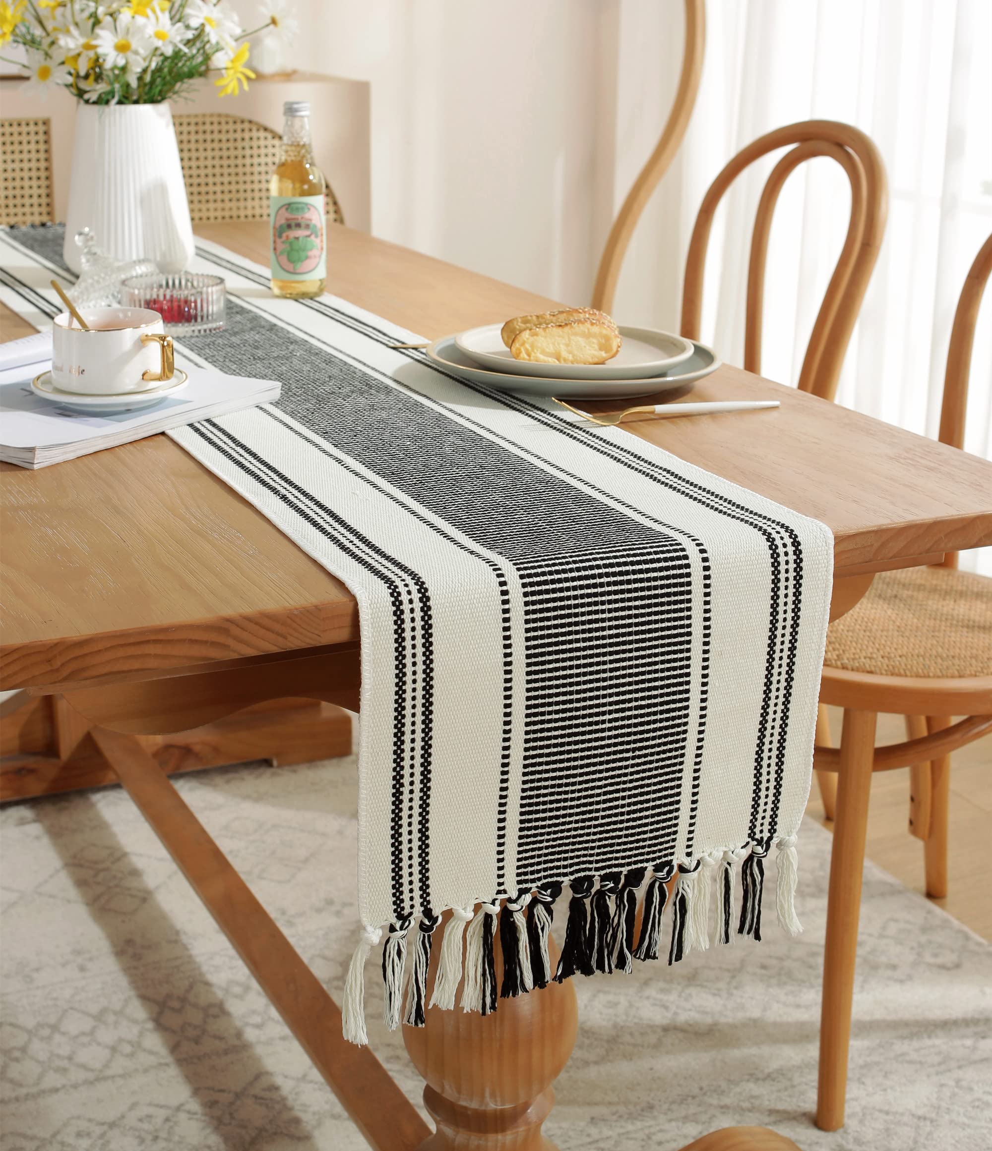 Caflife Boho Table Runner Balck and White for Modern Farmhouse Decor, Natural Cotton Woven Runner with Tassels for Home Dining Table décor 13 x 72 Inch Long