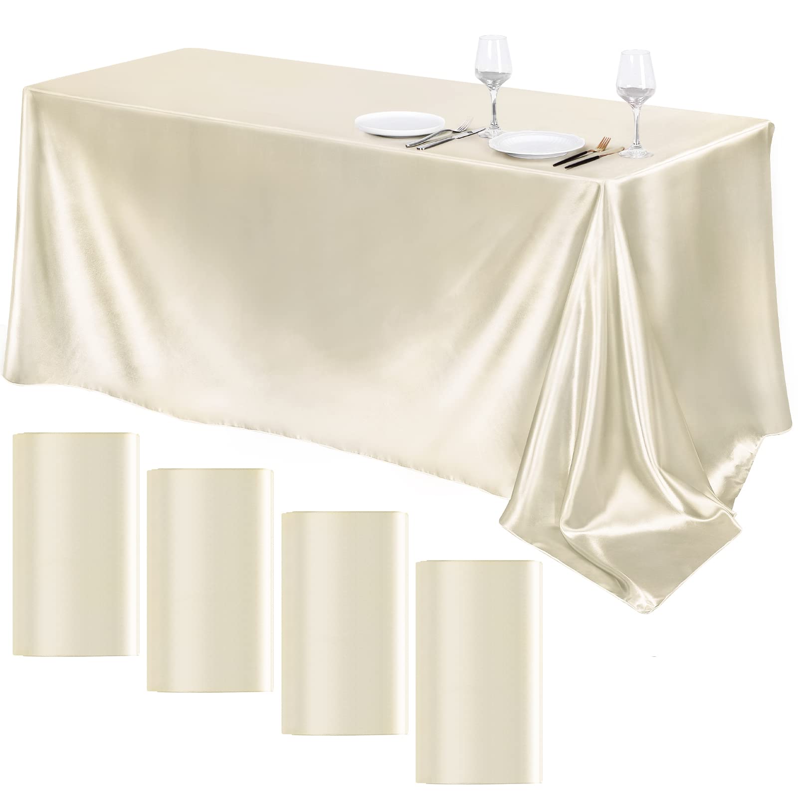 TURSTIN 4 Packs Satin Tablecloth 102 x 58 Inch Overlay Satin Table Cover Rectangle Bright Silk Tablecloth Smooth Fabric Table Decoration for Wedding Banquet Party Events, Ivory