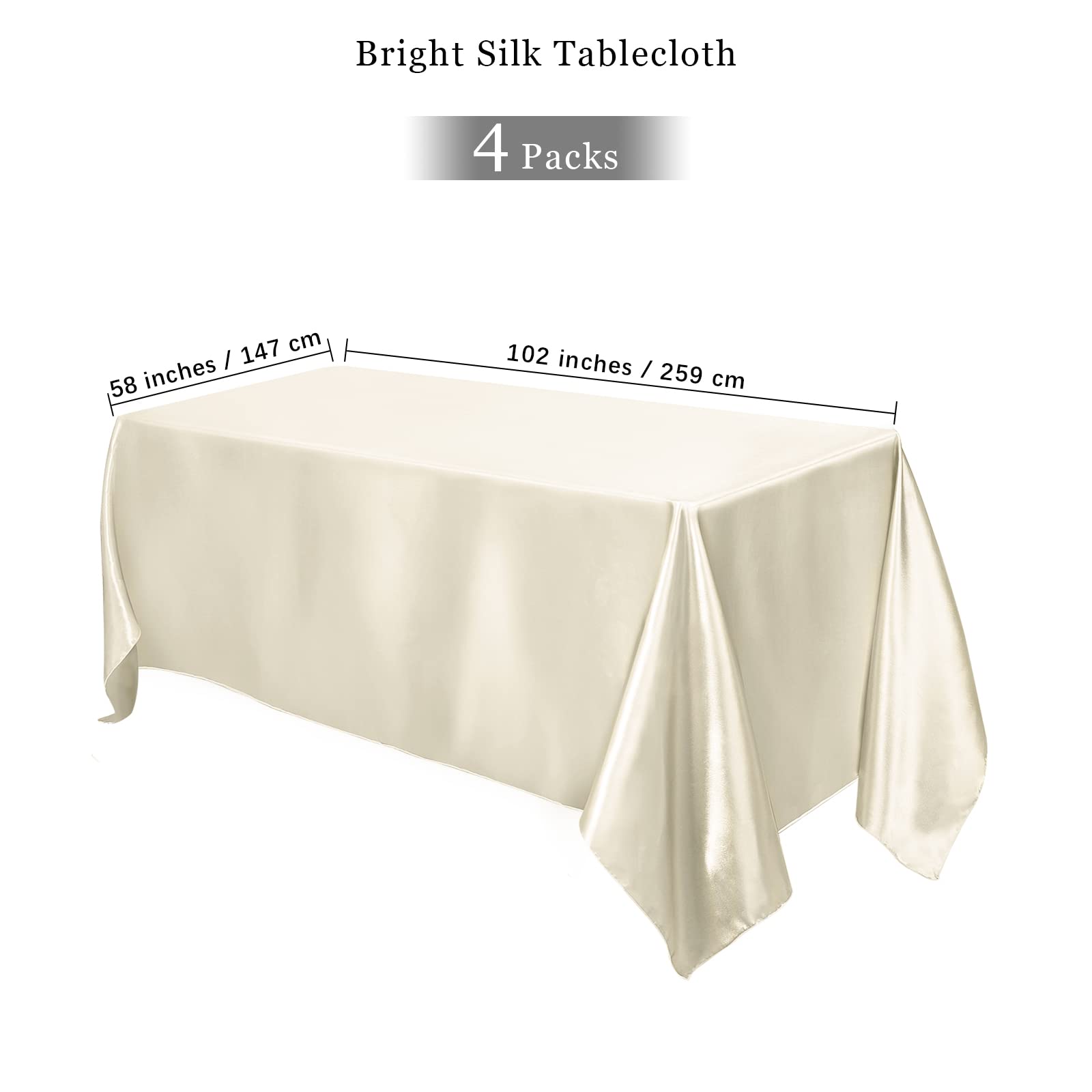 TURSTIN 4 Packs Satin Tablecloth 102 x 58 Inch Overlay Satin Table Cover Rectangle Bright Silk Tablecloth Smooth Fabric Table Decoration for Wedding Banquet Party Events, Ivory