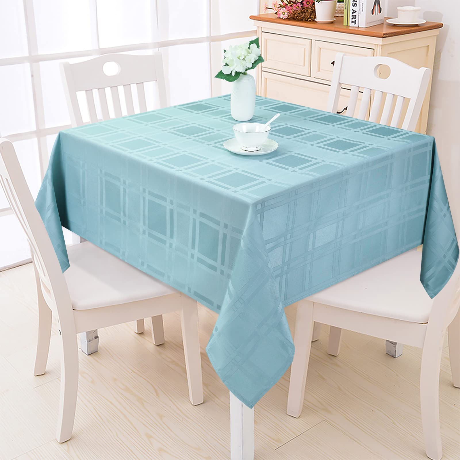 JUCFHY Square Spring Table Cloth Solid Plaid Jacquard Tablecloth Elegance Water Resistant Contemporary Woven Decorative Table Cover,Spillproof Soil Resistant Holiday Tablecloth,60 X 60 Inch,Turquoise