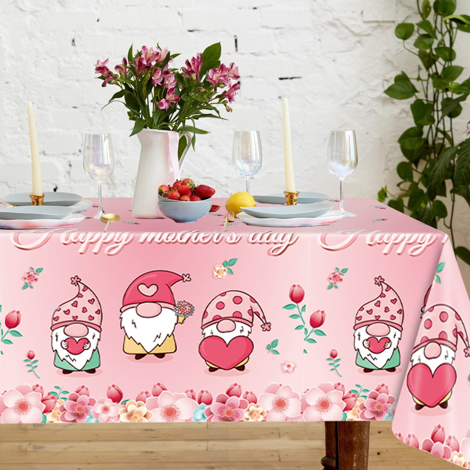 FANPROMS Mother's Day Tablecloth Rectangle 2 Pack 54x108 Inch Pink Tulip Table Cloth for Happy Gnomes Table Cover Waterproof Disposable Tablecloth for Best Mom Day Party Dinner Decor