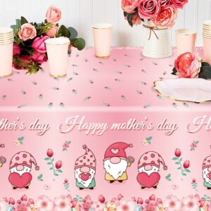 FANPROMS Mother's Day Tablecloth Rectangle 2 Pack 54x108 Inch Pink Tulip Table Cloth for Happy Gnomes Table Cover Waterproof Disposable Tablecloth for Best Mom Day Party Dinner Decor