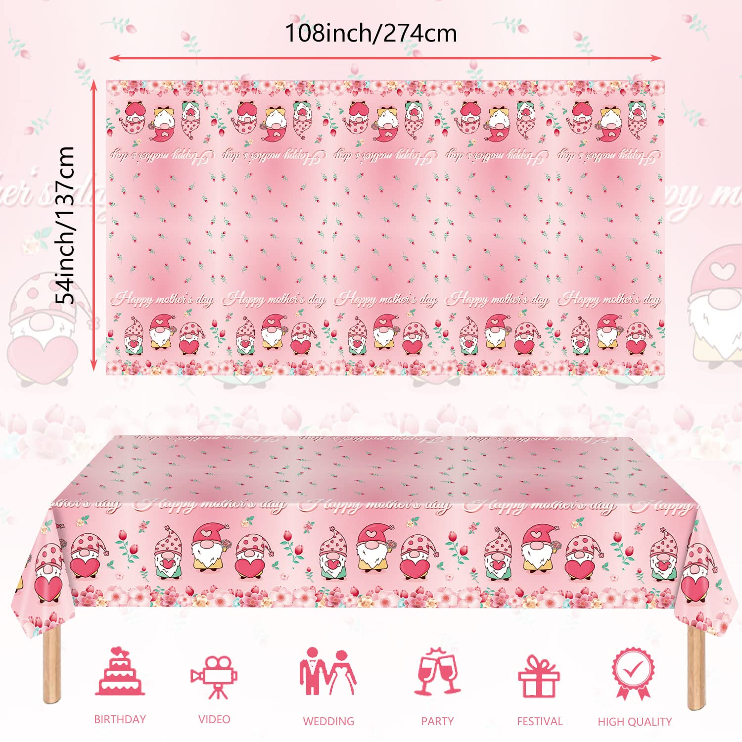 FANPROMS Mother's Day Tablecloth Rectangle 2 Pack 54x108 Inch Pink Tulip Table Cloth for Happy Gnomes Table Cover Waterproof Disposable Tablecloth for Best Mom Day Party Dinner Decor