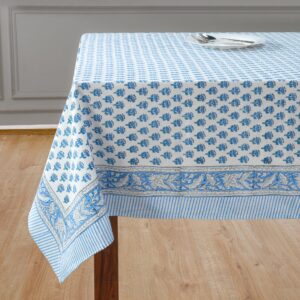 cpc tablecloth 100% cotton 80x120 inch indian block print rectangle table cover, dining, buffet parties & wedding use- apatite blue 12-seater