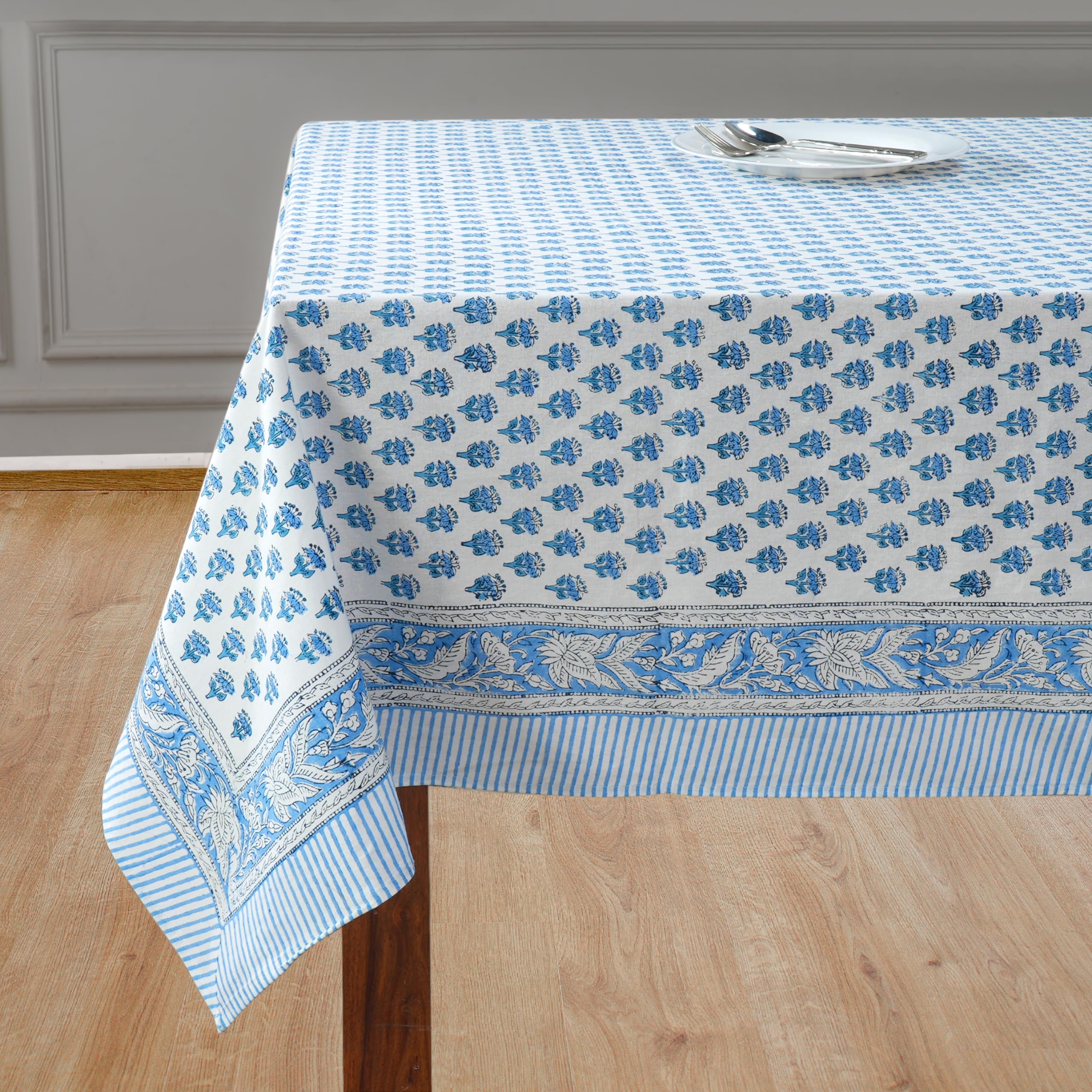 CPC Tablecloth 100% Cotton 80x120 Inch Indian Block Print Rectangle Table Cover, Dining, Buffet Parties & Wedding Use- Apatite Blue 12-Seater