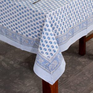 CPC Tablecloth 100% Cotton 80x120 Inch Indian Block Print Rectangle Table Cover, Dining, Buffet Parties & Wedding Use- Apatite Blue 12-Seater