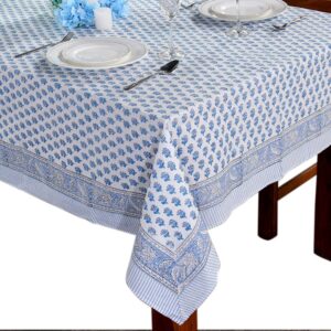 CPC Tablecloth 100% Cotton 80x120 Inch Indian Block Print Rectangle Table Cover, Dining, Buffet Parties & Wedding Use- Apatite Blue 12-Seater