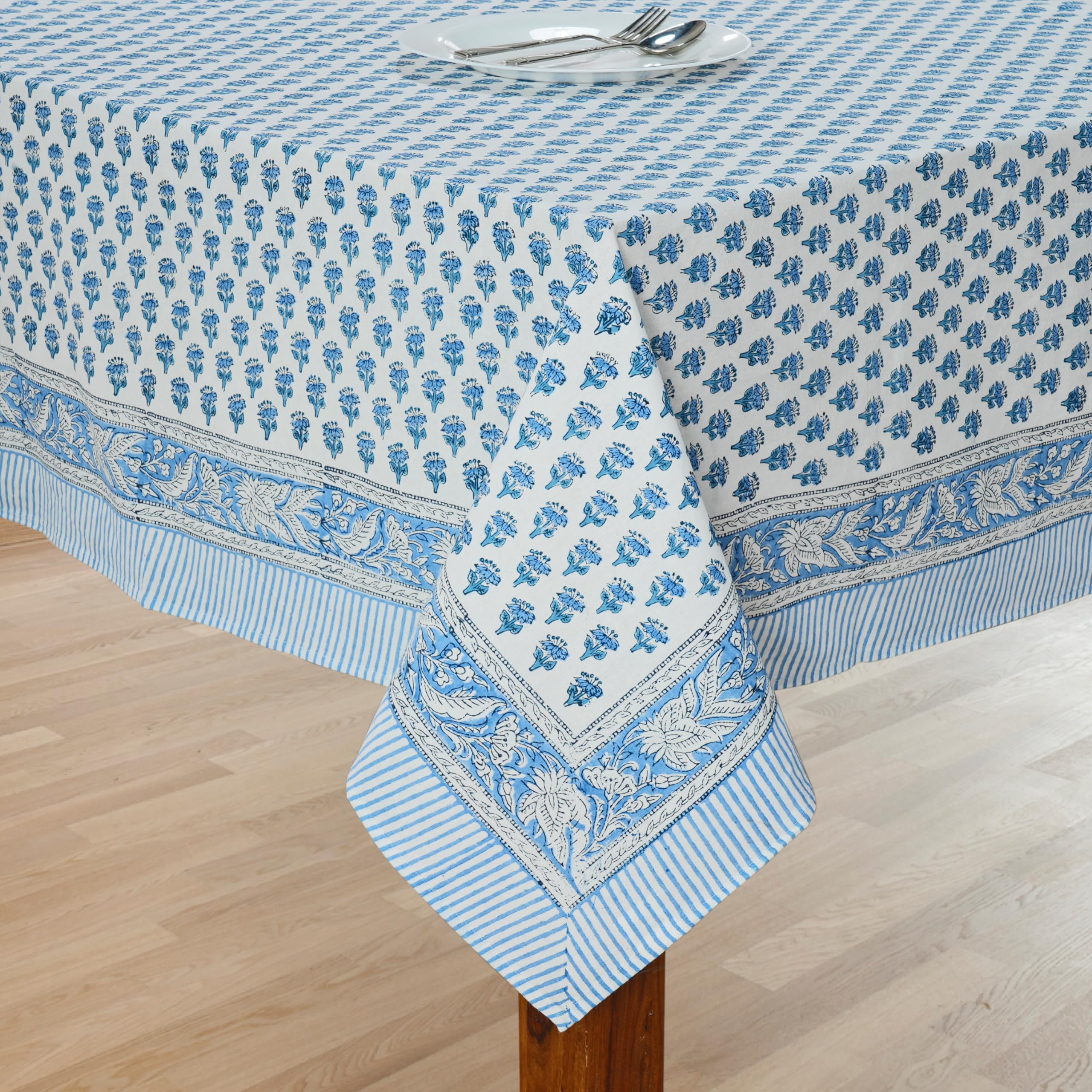 CPC Tablecloth 100% Cotton 80x120 Inch Indian Block Print Rectangle Table Cover, Dining, Buffet Parties & Wedding Use- Apatite Blue 12-Seater