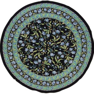 India Arts French Floral Round Cotton Tablecloth 70" Blue on Black