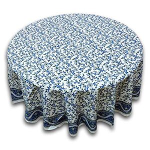 India Arts Hand Block Print Floral Tablecloth Round Cotton Table Linen Beach Sheet Beach Throw (Blue, Round 72 inches)