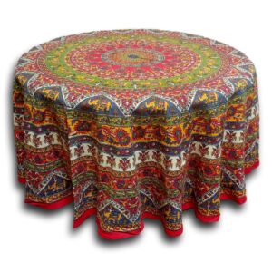 india arts elephant mandala floral print red tablecloth round for dining and kitchen cotton table linen red green blue