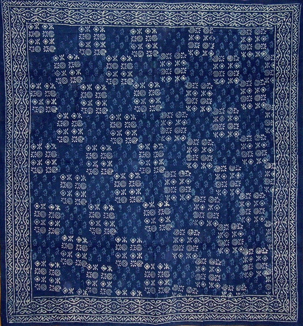 Hand Block Printed Square Dabu Cotton Tablecloth 70" x 70" Indigo Blue