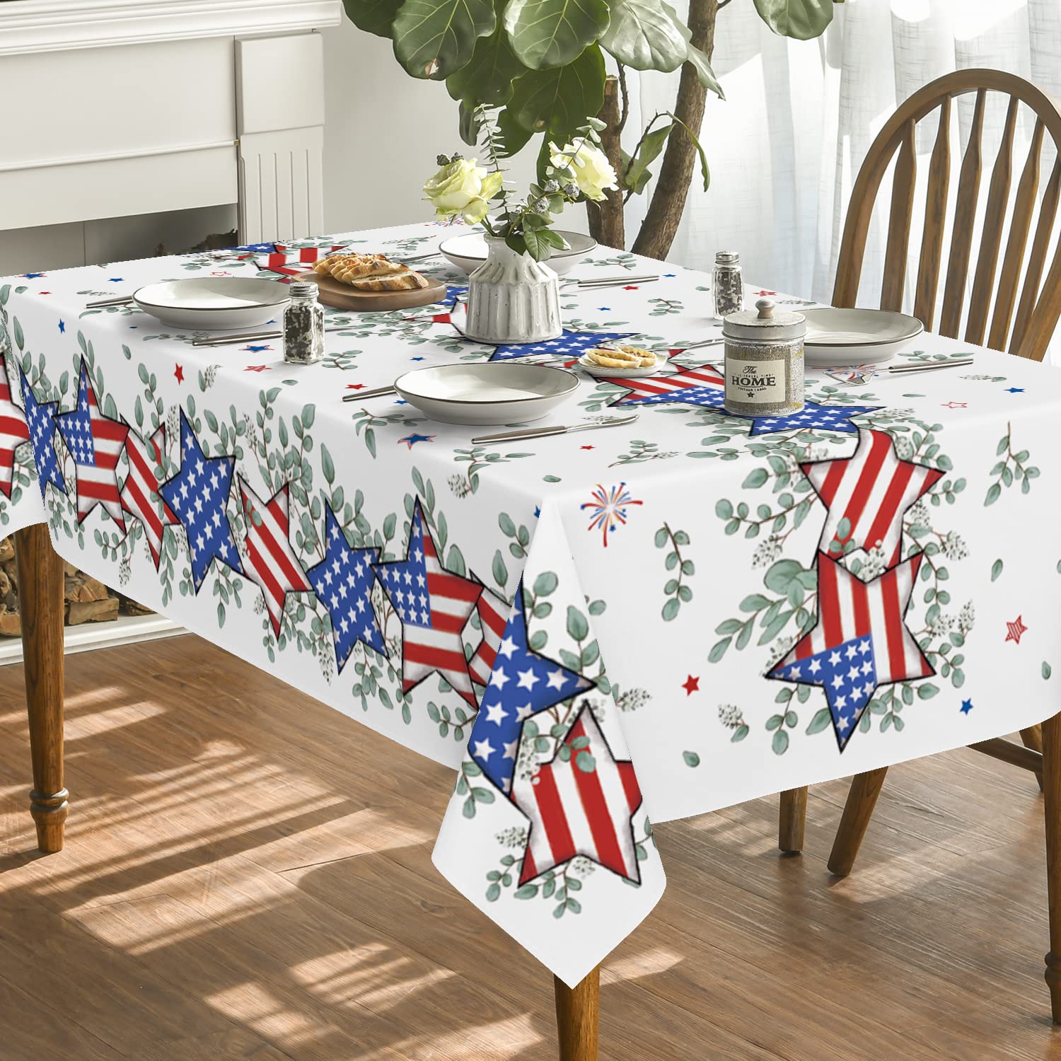 Horaldaily 4th of July Tablecloth 60x84 Inch, Patriotic Eucalyptus Star Independence Day Memorial Day Table Cover for Party Picnic Dinner Decor