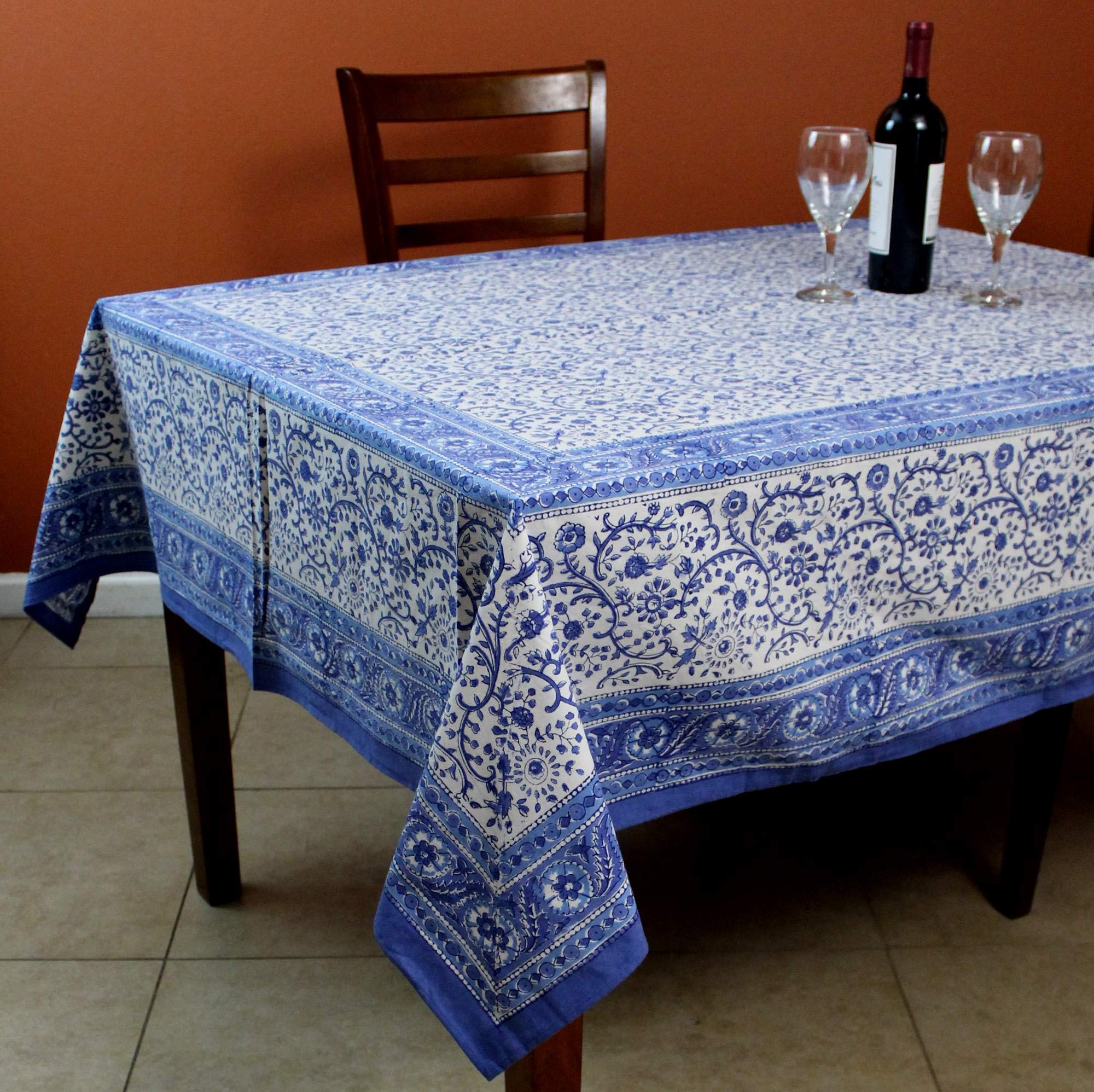 Homestead Rajasthan Block Print Cotton Tablecloth 90" x 60" Blue