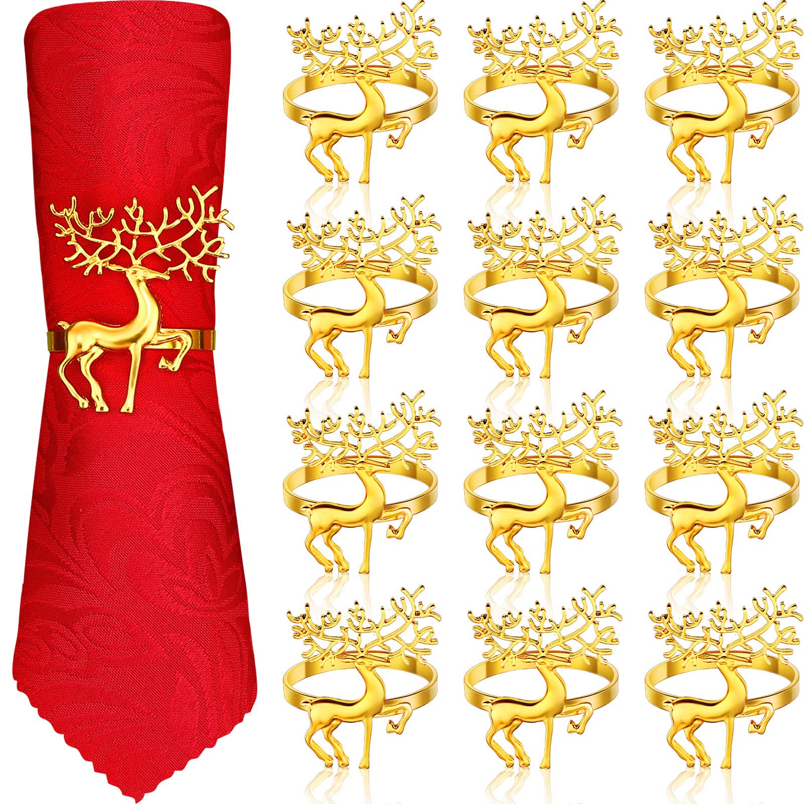 WILLBOND Christmas Napkin Rings Holders Deer Napkin Rings for Christmas Dinners Parties, Wedding Adornment, Table Decor for Christmas and Home Kitchen Dining Table Linen Accessories (Gold, 12)