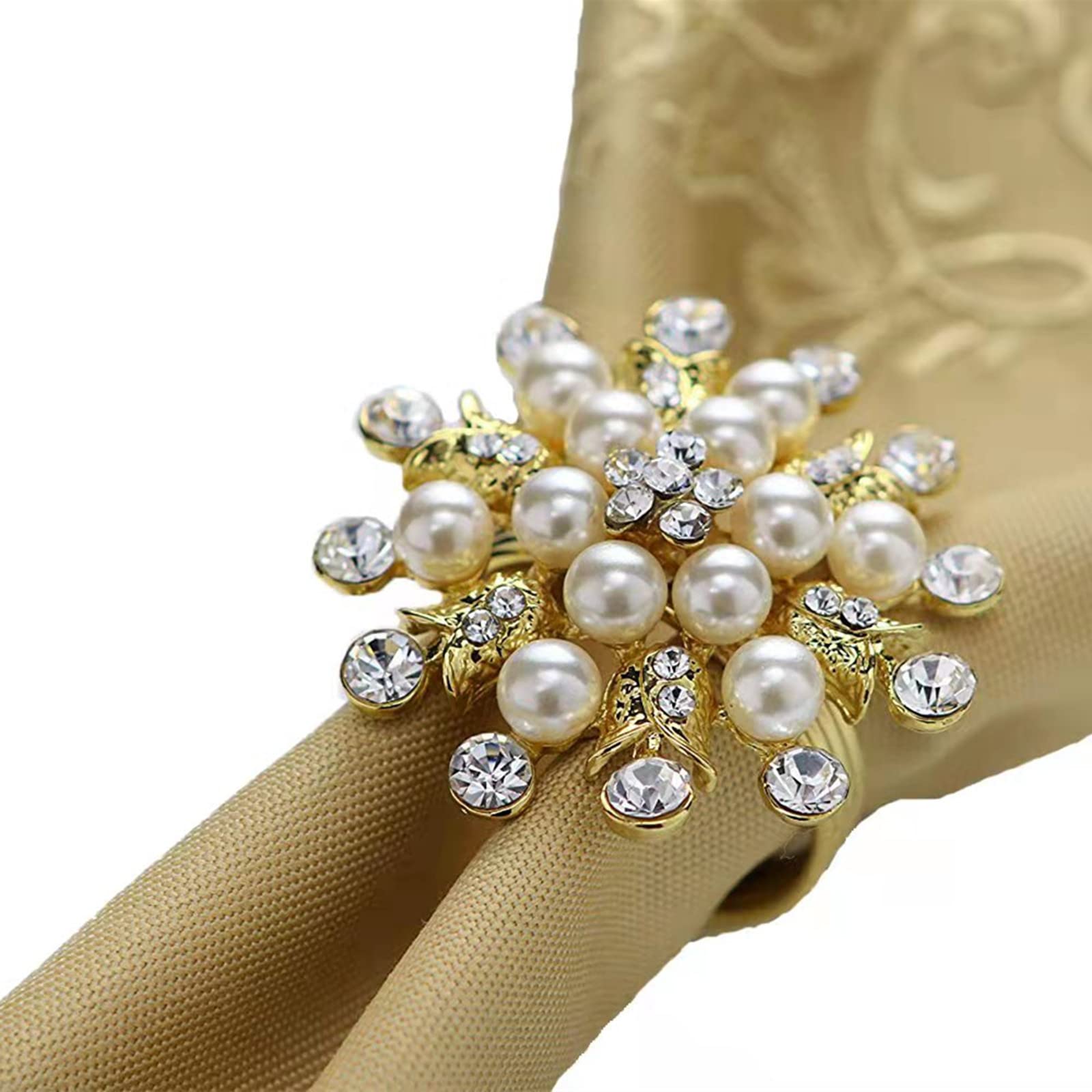 Gold Napkin Rings Set of 12 - Golden Rhinestone Pearl Napkin Ring Holders for Wedding Party, Holiday Casual & Formal Family Dinner Table Decoration