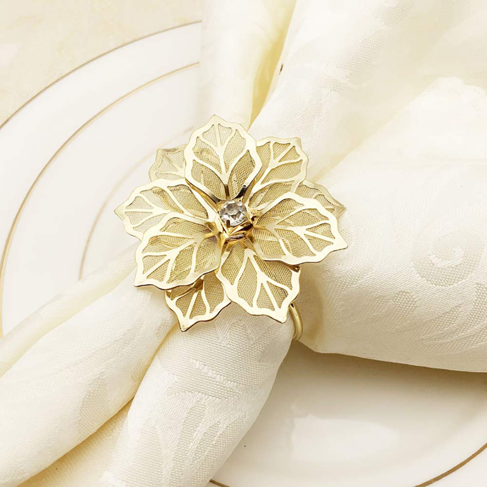 NAGU Flower Napkin Rings Set of 6, Hollow Out Floral Napkin Holder Adornment Exquisite Household Napkins Rings Set Rhinestone Napkin Rings for Wedding Banquet Christmas Table Setting (Gold)