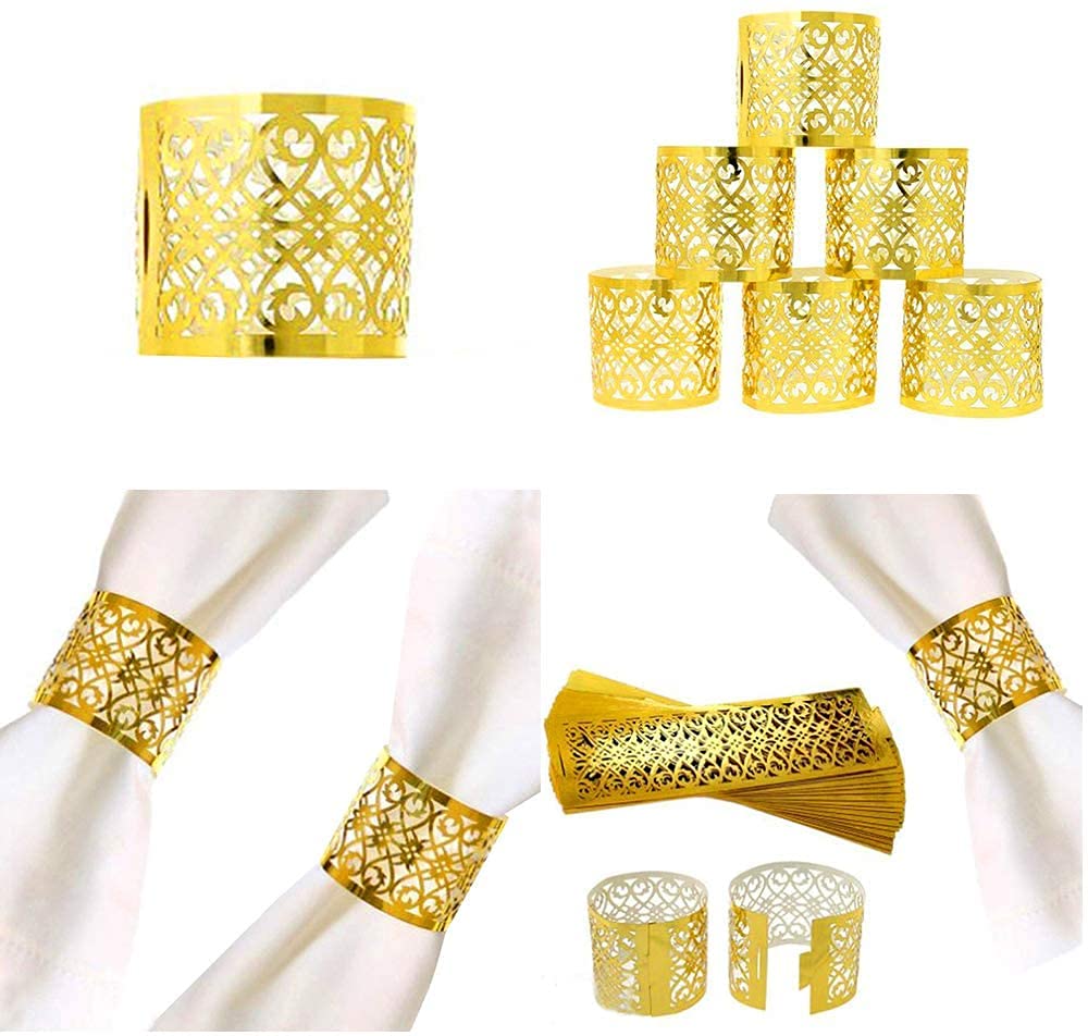 YESHIN 100 Pcs Premium Napkin Rings Laser Cut Foil Paper Napkin Holder for Wedding Party Dinner Table Decor,Special Events and Catering Services (Gold)