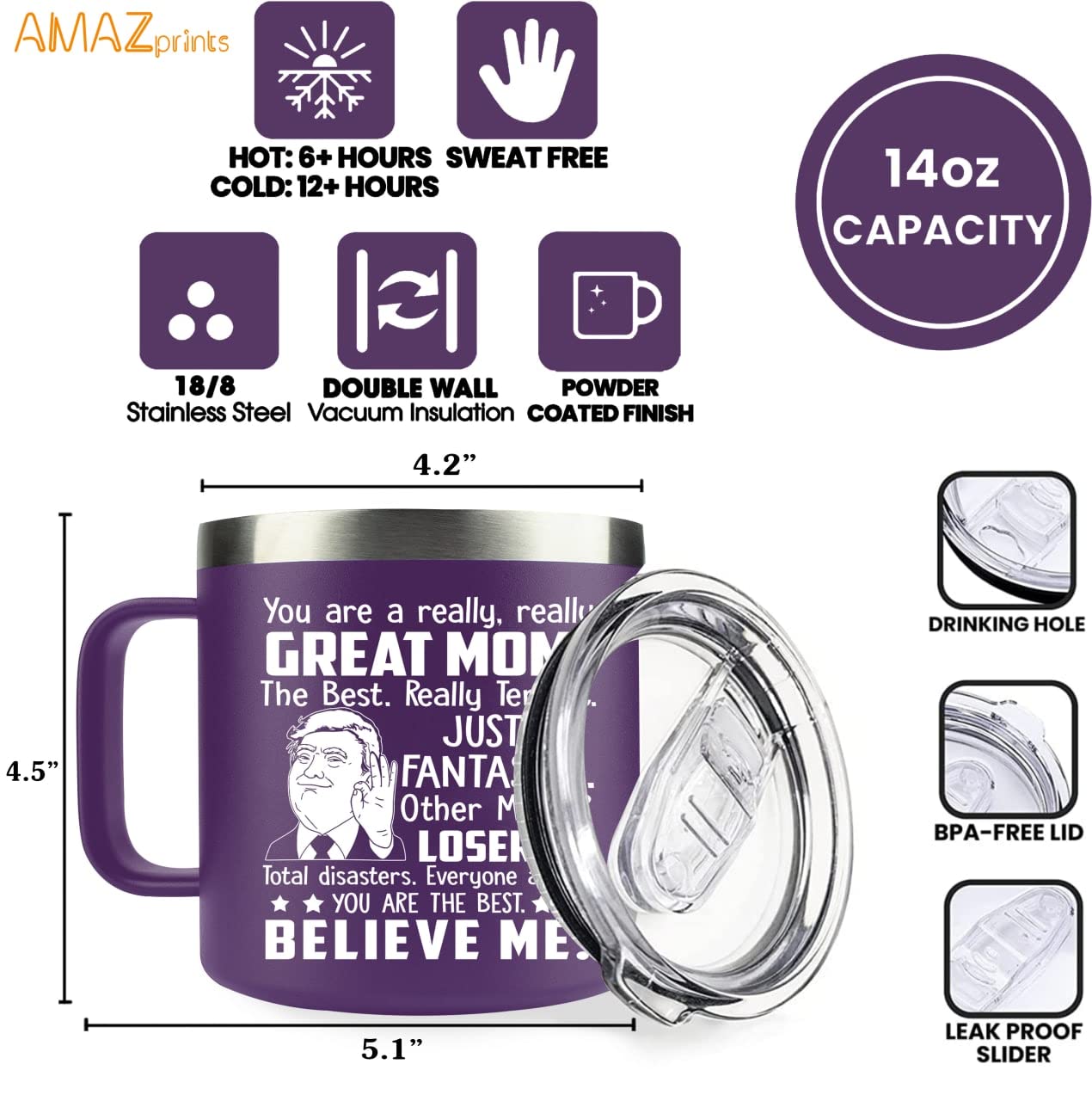 AMAZPRINTS Mothers Day Gifts for Mom from Daughter, Son, Kids - Funny Gifts for Mom from Daughter, Son - Birthday Gifts for Mom - Great Mother Gifts - Presents for Mom - Mom Coffee Mug 14oz, Purple