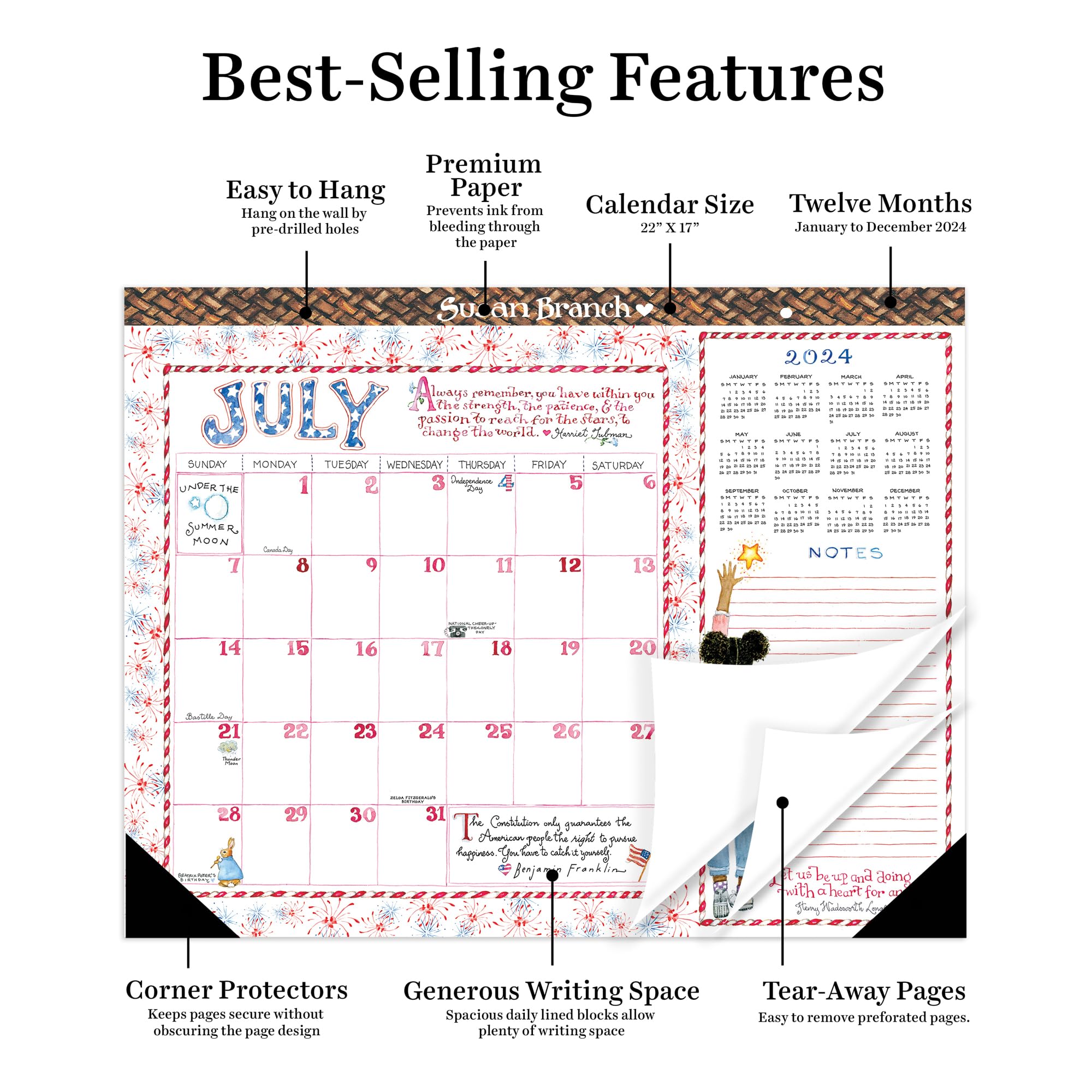 TF PUBLISHING 2024 Susan Branch Large Desk Pad Monthly Blotter Calendar | 12 Month Desktop Calendar | For Office Desk or Wall | Tear-Off Pages with Large Monthly Grids | Horizontal | 22” x 17”