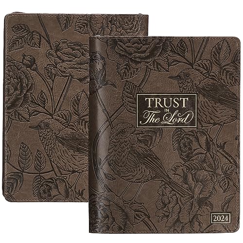 Christian Art Gifts 2024 18 Month Women's Large Vegan Leather Personal Planner Organizer w/Zipper Closure: Trust in the Lord Bible Verse for Daily, Weekly, Monthly Planning, Agenda, Work, Brown Floral